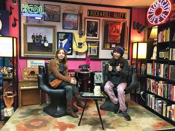 The "Rock & Roll Alley" offers a place to rest weary feet. Music memorabilia proves bicycles aren't the owner's only passion.