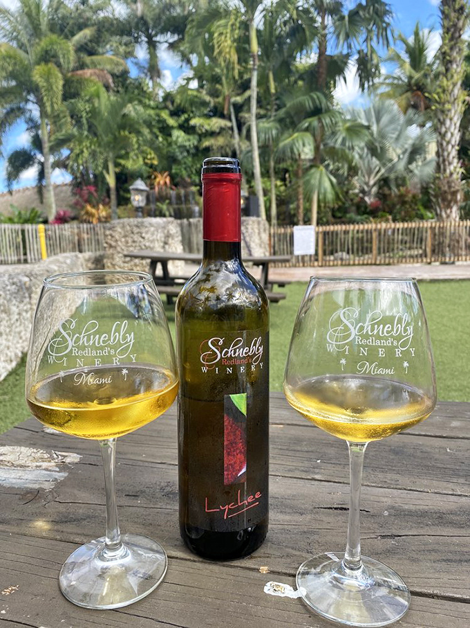 Sunshine captured in a bottle. Lychee wine sipped outdoors feels like Florida's answer to "what would paradise taste like?"