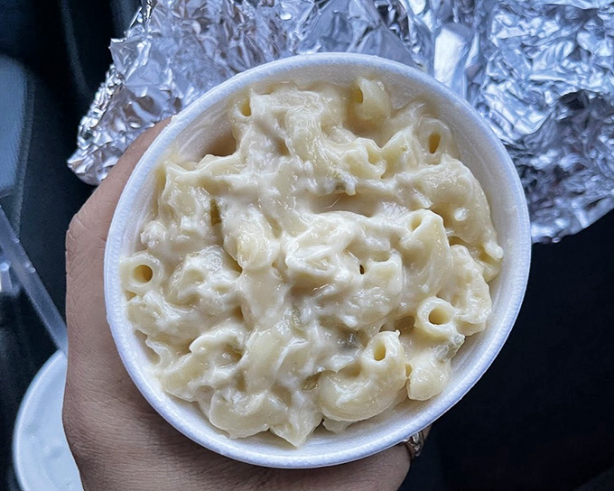 Mac and cheese so creamy it should require a lifeguard on duty. Comfort food that hugs your insides like a warm Southern greeting.