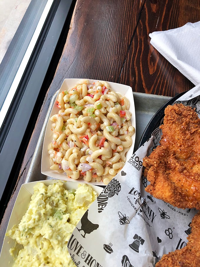Creamy macaroni salad and potato salad alongside that legendary chicken. The sides here aren't afterthoughts&mdash;they're co-stars.