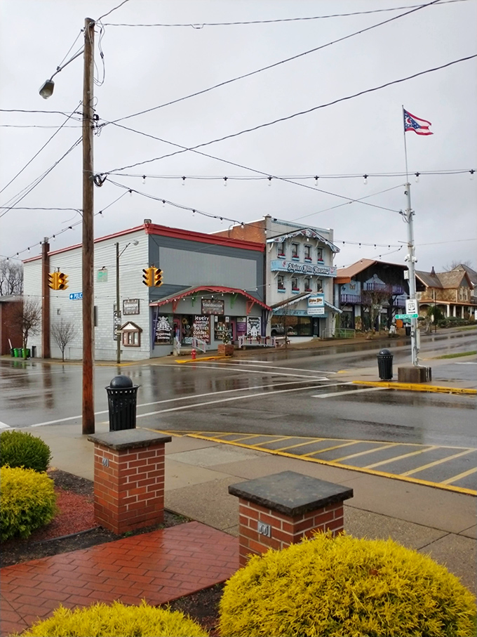 Even on rainy days, Main Street's charm shines through, promising warm comfort food just steps away.
