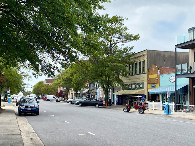 Main Street's canopy of trees provides natural air conditioning for shoppers who understand that "retail therapy" is actually doctor-recommended in small coastal towns.