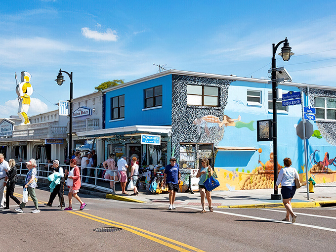 Vibrant murals transform ordinary buildings into underwater seascapes, making even a simple stroll down Main Street feel like an aquatic adventure.