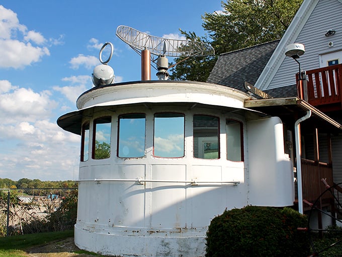 This former bridge operator's station now stands as a quirky landmark, its circular design a reminder of Ashtabula's working harbor history.