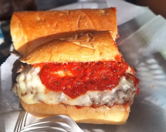 The holy grail of meatball sandwiches&mdash;sauce so red it could stop traffic, cheese melted to perfection, and a roll that's both vessel and treasure.