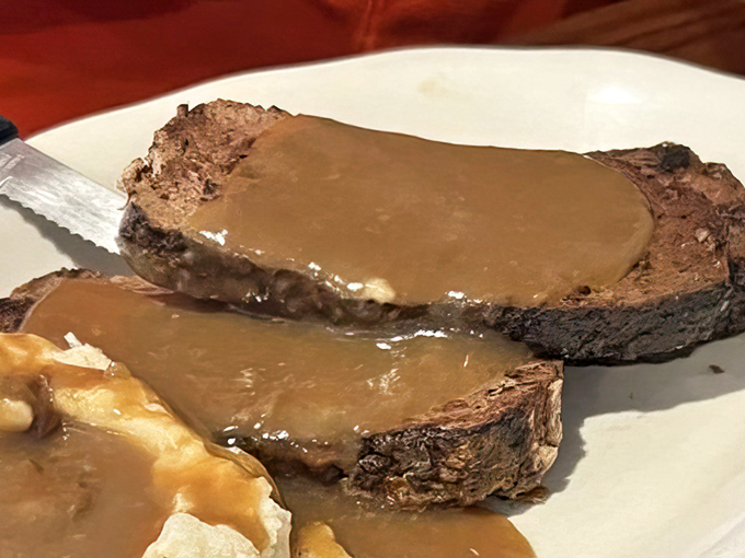 Meatloaf and gravy: the dish your grandmother made, but somehow better. That knife isn't just for show—you'll need it to tackle this hearty portion.