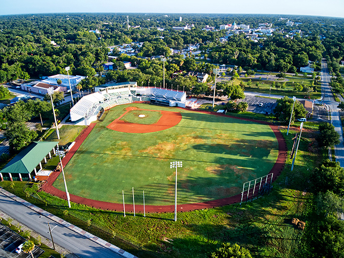 Melching Field from above looks like a perfect emerald set in DeLand's verdant landscape. Baseball as it should be&mdash;intimate, green, and surrounded by trees.