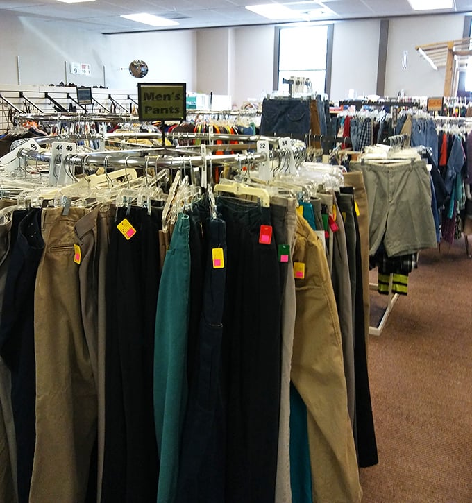 The men's pants section: where khakis of every shade imaginable stand at attention, color-coded for the organizationally obsessed shopper.