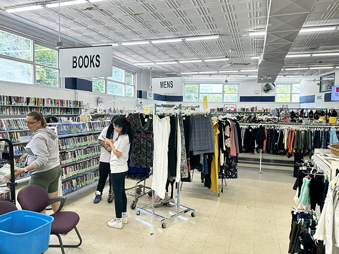 Department store organization meets garage sale prices. The books and clothing sections coexist in perfect harmony, like fries and a sandwich in Pittsburgh.