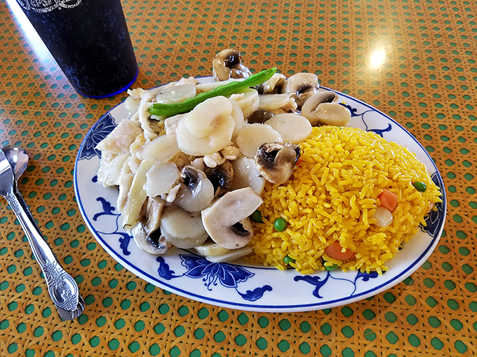 A classic plate of tender chicken with mushrooms alongside vibrant yellow rice. Comfort food that speaks a universal language of satisfaction.