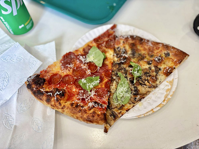 Two slices that showcase the art of contrast&mdash;pepperoni's spicy punch meets mushroom's earthy depth. The pizza version of a beautiful duet. 