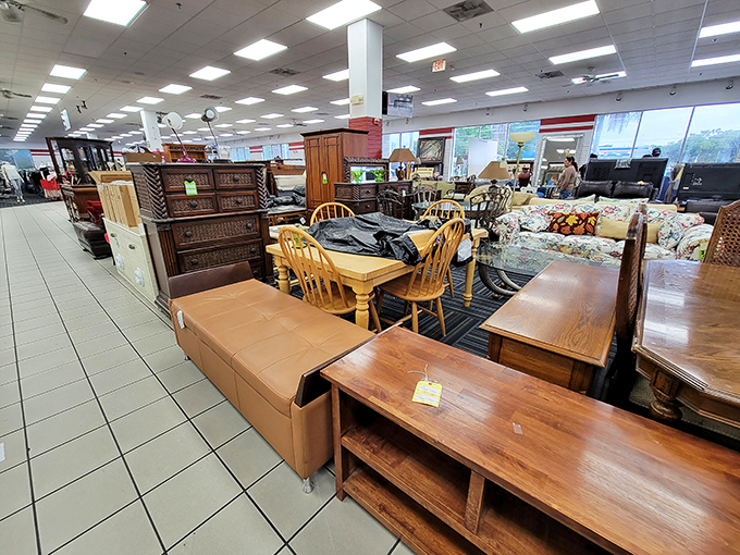 The furniture section resembles a well-organized living room showroom, except everything here comes with the patina of previous adventures.
