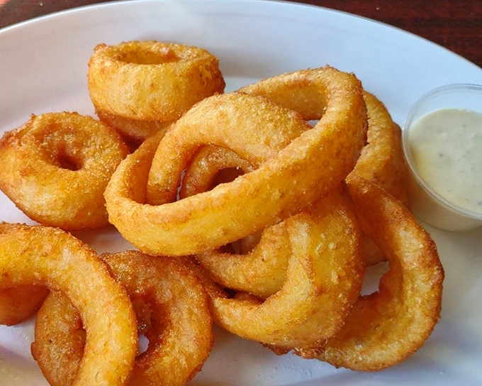 Golden halos of crispy perfection. These onion rings deserve their own theme song and possibly a small parade.