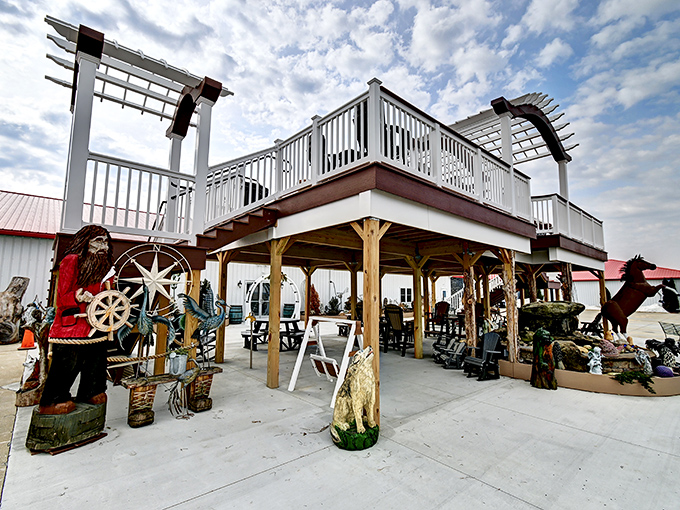 This outdoor display area showcases larger treasures beneath a perfect Ohio sky. That deck would look mighty fine in your backyard!