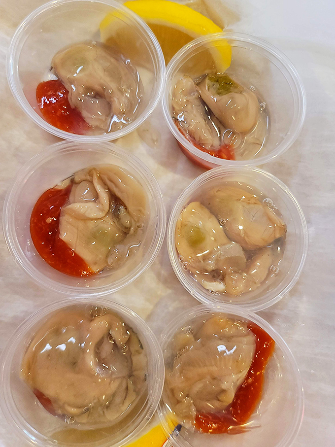 Oyster shooters lined up like tiny ocean soldiers, ready to deliver that perfect briny blast with a kick of cocktail sauce.