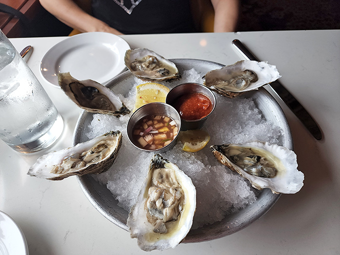 Oysters on ice&mdash;nature's perfect appetizer. These briny treasures come with mignonette that makes you want to high-five the chef. The ocean's finest calling card.