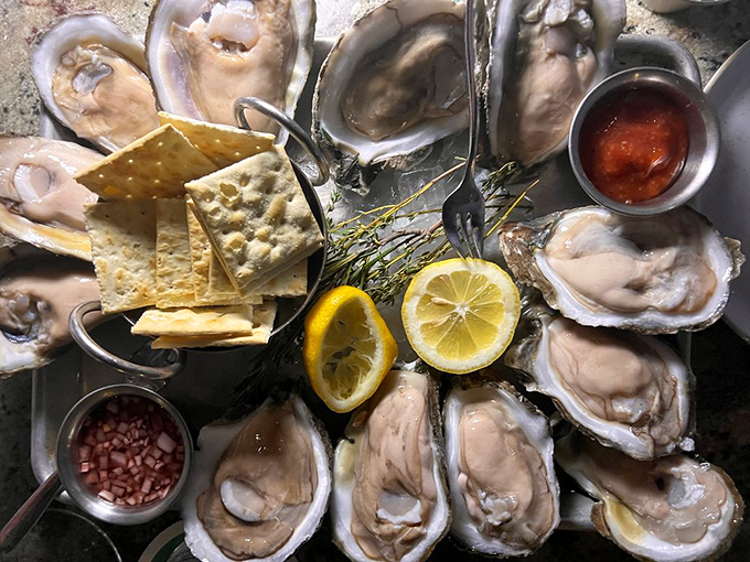 Fresh oysters on ice, each one a briny postcard from Neptune himself, delivered express to your table.