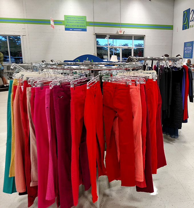 A rainbow of pants organized better than your closet ever was, even during that Marie Kondo phase.