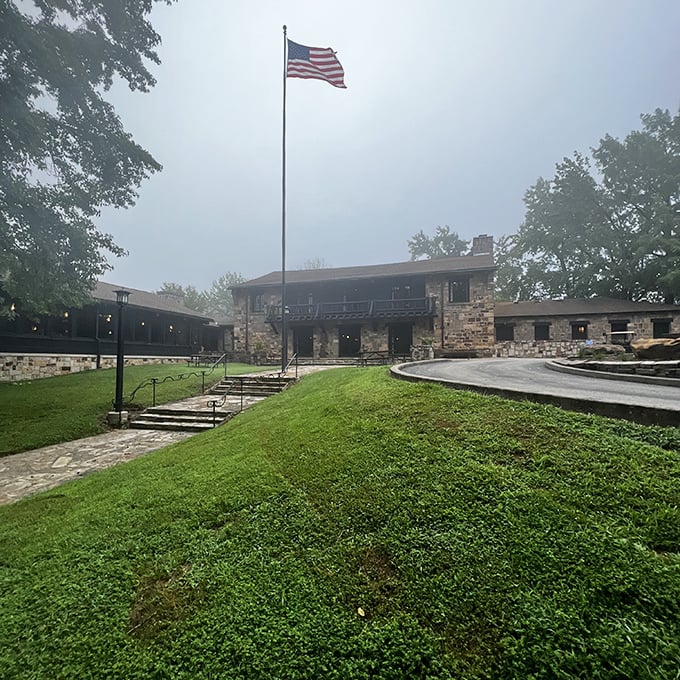 Giant City Lodge stands proud against the misty backdrop, looking like it could withstand anything from tornados to zombie apocalypses.