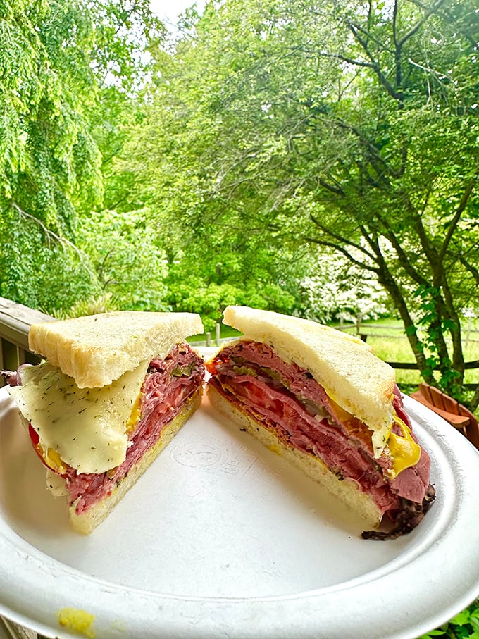 This sandwich, enjoyed against nature's backdrop, proves that sometimes the best dining room has no walls &ndash; just trees and open sky.