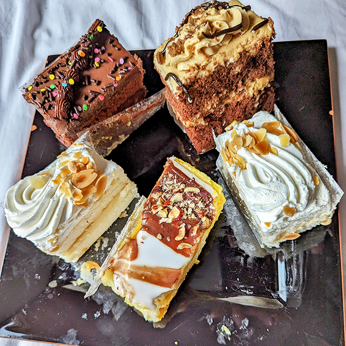 A dessert United Nations &ndash; chocolate, caramel, nuts, and cream living together in perfect harmony. World peace might just start with a good pastry selection.