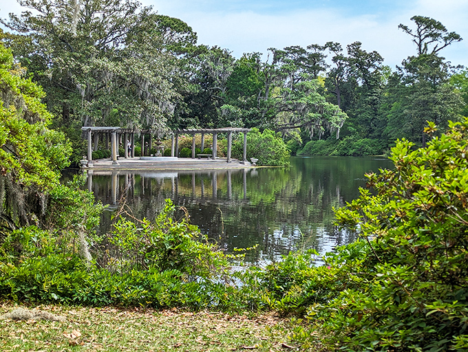 Classical columns meet coastal Carolina at this lakeside pavilion—the perfect spot for reflection, both philosophical and literal.