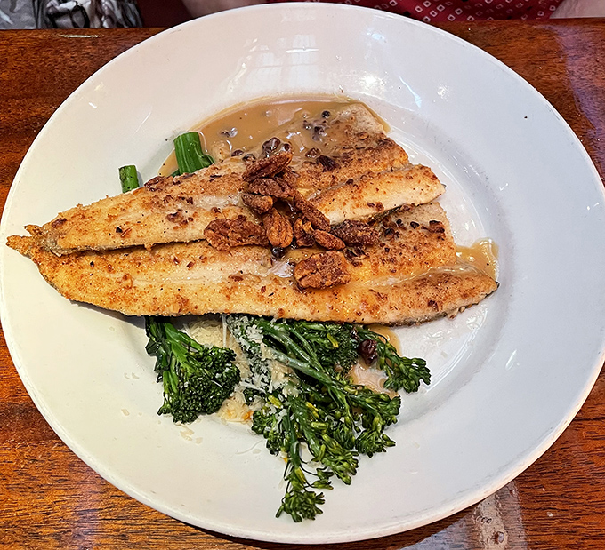 The star of the show: Pecan Crusted Trout with broccolini that makes you question why you ever complained about eating vegetables.