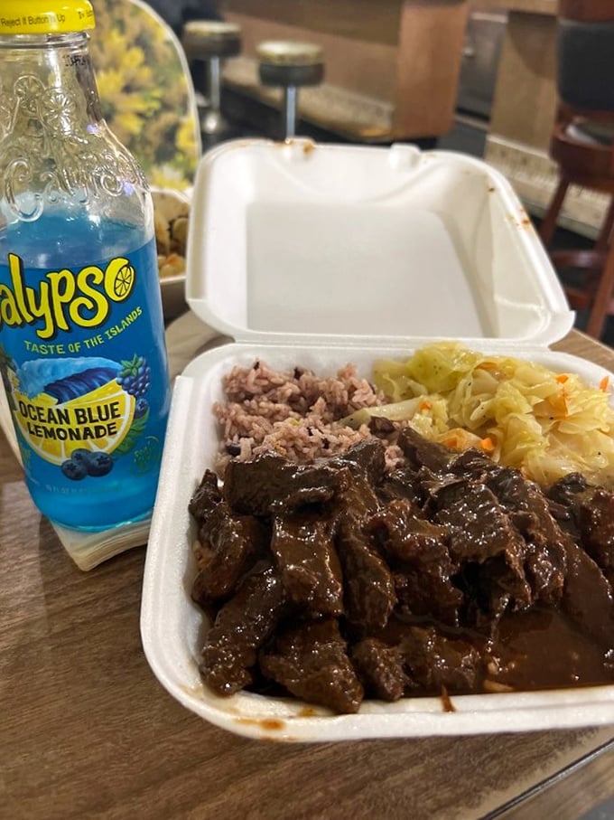 The pepper steak comes with a side of blue Caribbean lemonade, creating a flavor combination that's like a mini-vacation in your mouth.