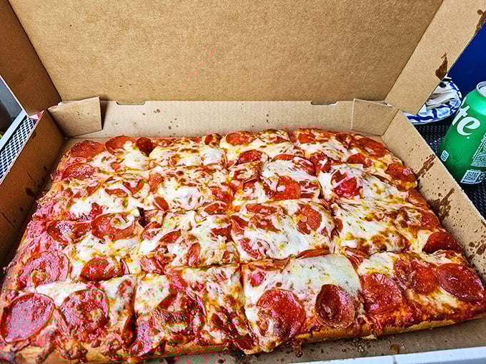 Pepperoni pizza perfection in its natural habitat&mdash;a cardboard box. Simple, unpretentious, and exactly what your taste buds have been craving.