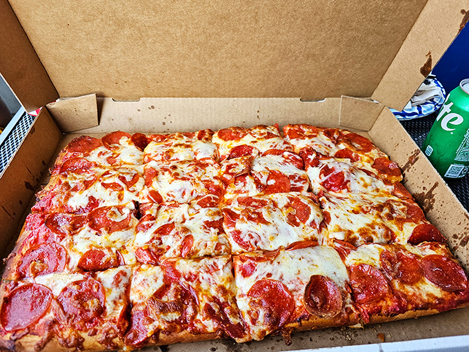 Pepperoni pizza perfection in its natural habitat&mdash;a cardboard box. Simple, unpretentious, and exactly what your taste buds have been craving.