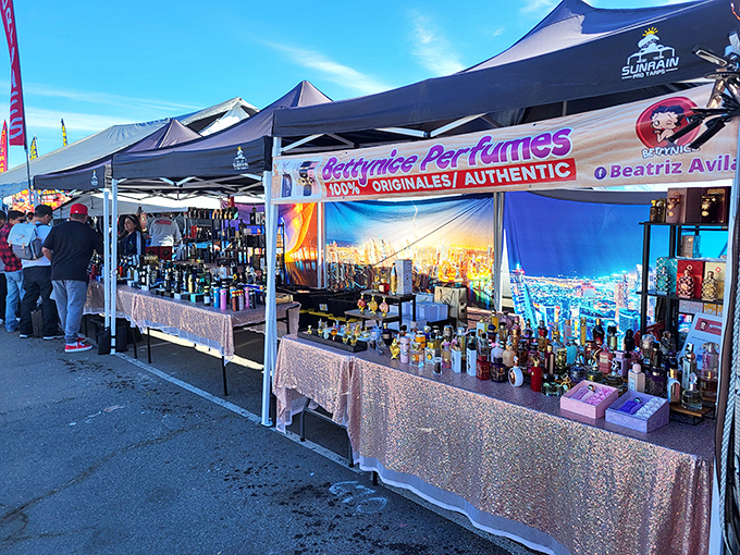 Fragrance boulevard offers authentic perfumes displayed with Vegas-worthy sparkle under the open sky.