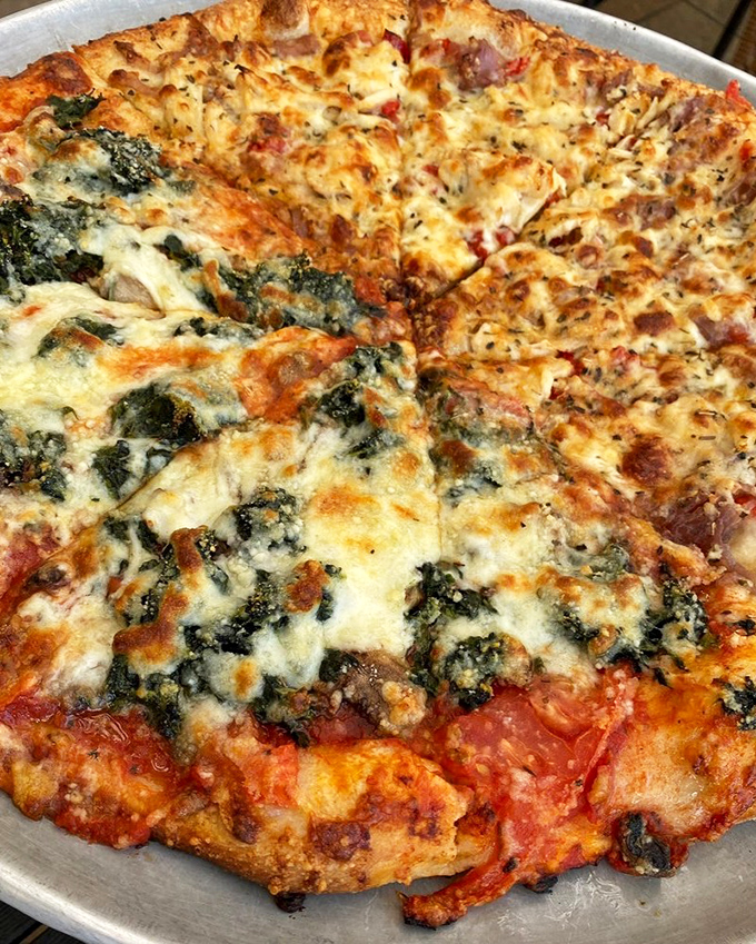 Half spinach, half cheese&mdash;the pizza equivalent of business in the front, party in the back, but tasteful all the way through.