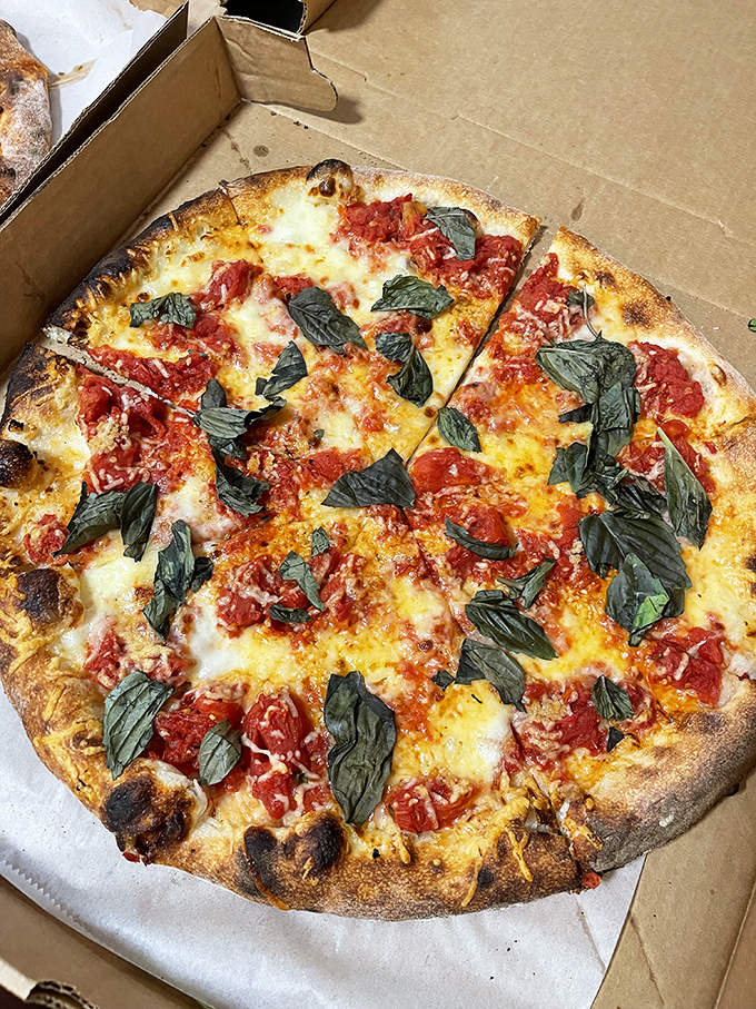 Pizza that doesn't play by Pennsylvania rules. Those fresh basil leaves aren't garnish&mdash;they're little flags of surrender to flavor country. 