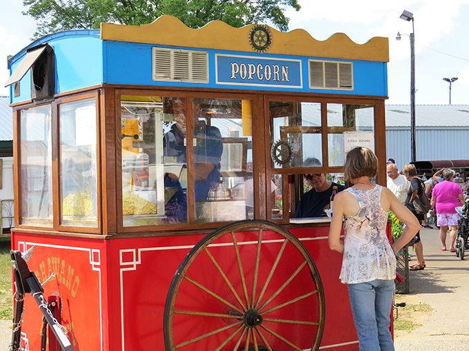 The nostalgic aroma of fresh popcorn wafts from this charming vintage cart. Some treasures at the flea market are meant to be eaten immediately!