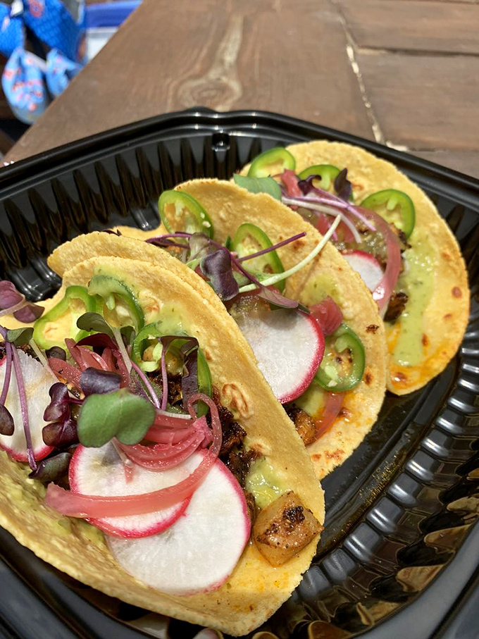 These aren't your average tacos. The radish slices and jalape&ntilde;os add pops of color and heat that make these beauties Instagram and palate worthy.