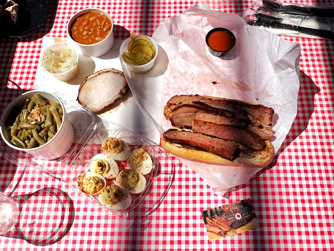 A barbecue feast fit for royalty: smoky brisket, homestyle sides, and deviled eggs that could start their own religion.