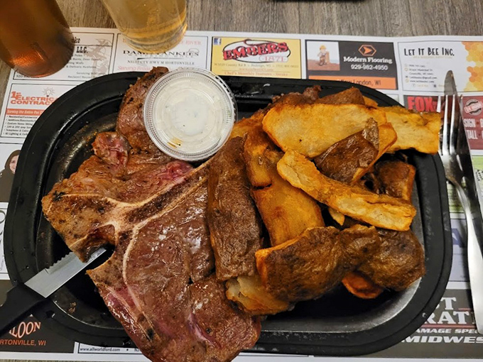 This porterhouse steak commands respect like a seasoned general, thick-cut and ready for serious carnivorous contemplation and appreciation.