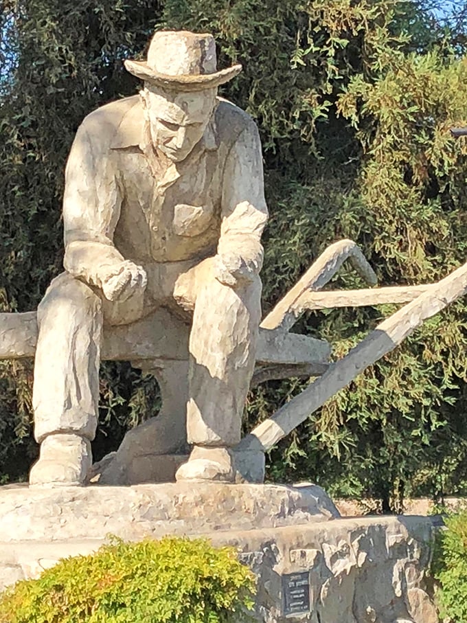 The Pioneer statue captures Porterville's agricultural roots&mdash;a man taking a moment's rest from work that shaped a valley and fed a nation.