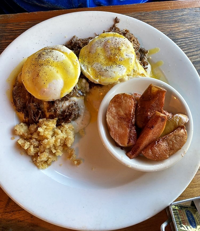 Pot roast Benedict&mdash;where breakfast meets Sunday dinner. Those perfectly poached eggs are just waiting to unleash their golden goodness.