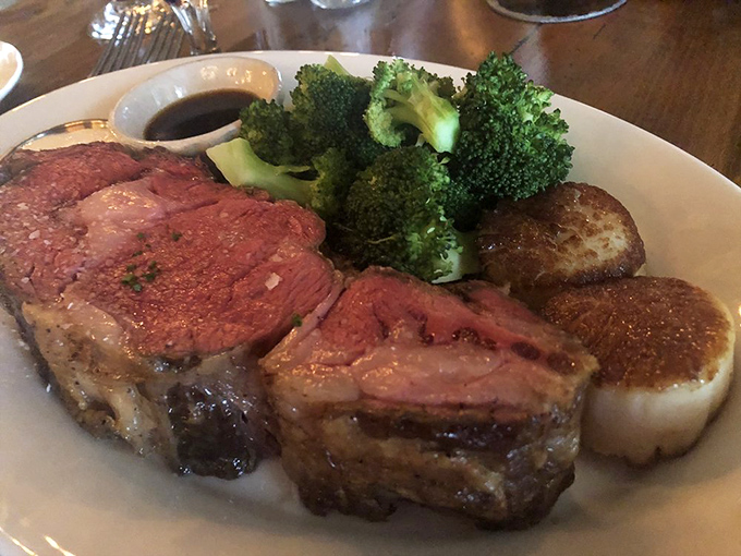 Prime rib cooked to that perfect shade of pink, accompanied by broccoli that somehow doesn't feel like punishment next to such meaty glory.