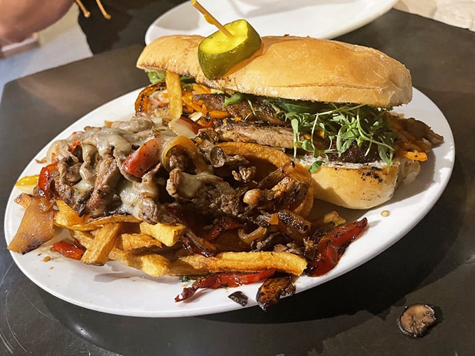 This isn't just a sandwich&mdash;it's architecture you can eat. Steak, mushrooms, and fries create the skyline of Flavortown's downtown district.