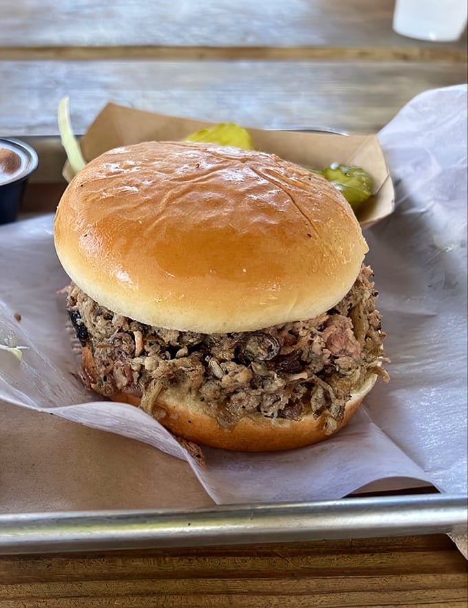 Pulled pork so tender it practically shreds itself, like the universe wants to make your sandwich-building easier.
