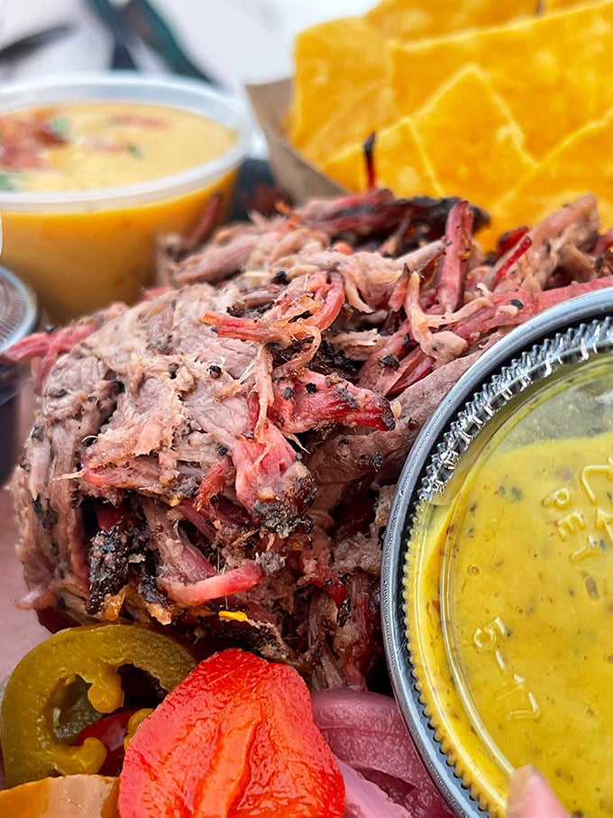 Pulled pork that doesn't need sauce to shine, though that golden mustard concoction on the side makes for a beautiful partnership.