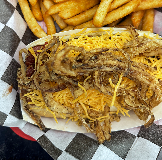 Crispy onion straws and melted cheese create the kind of hot dog that makes you question all other hot dogs.
