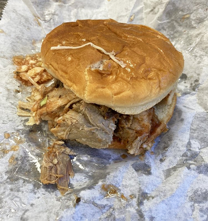 A pulled pork sandwich that doesn't need fancy garnishes to impress—just honest barbecue on a simple bun, the way nature intended.