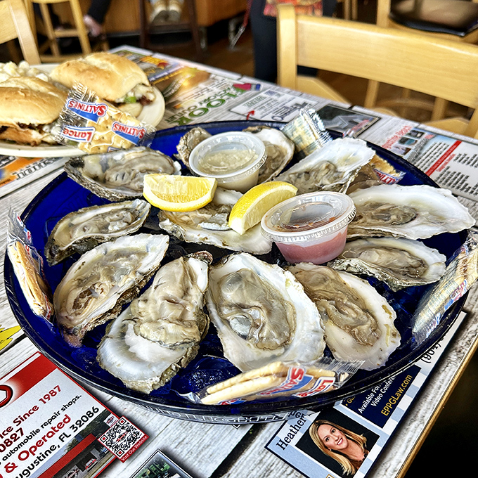A dozen briny treasures from the sea, arranged like jewels on a blue plate. Oysters this fresh make you understand why people risk everything.