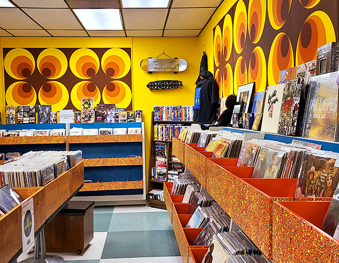 The record room's psychedelic wall pattern perfectly matches the mind-expanding vinyl treasures waiting to be discovered by eager fingers.