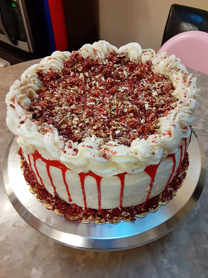 Wait, a red velvet drip cake at a BBQ joint? It's like finding Pavarotti at a punk show &ndash; unexpected but absolutely welcome.