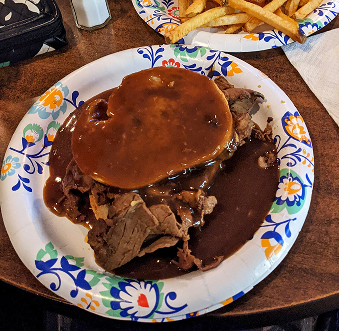 Roast beef drowning in gravy that your grandmother would approve of. The kind of meal that makes you want to hug the cook.