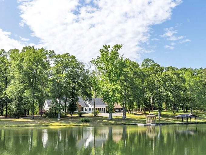 Lakeside living doesn't get more serene than this. The reflection in the water doubles the beauty, like nature's own Instagram filter.